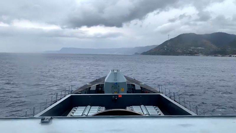 HMS Defender passes through Strait of Messina on homeward-bound journey