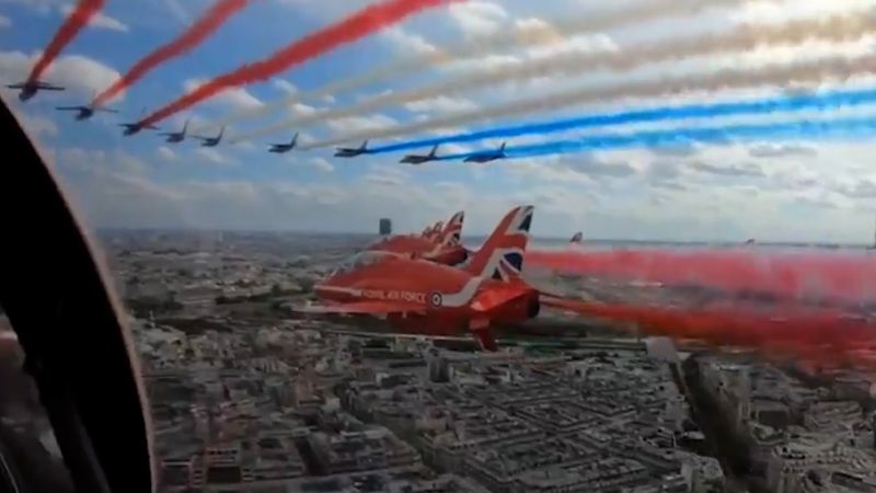 Red Arrows flyover and French Army guard welcome King Charles and Queen ...
