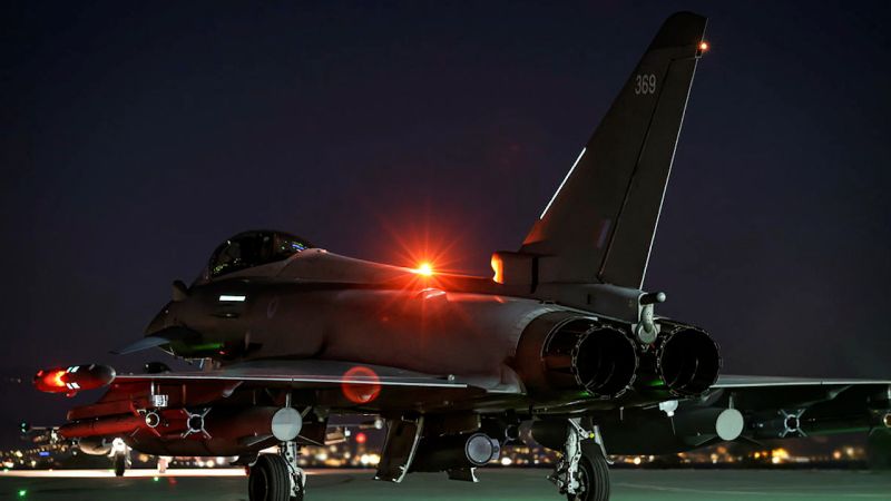 RAF Typhoon FGR4s use Paveway IV bombs against Houthi locations in Yemen